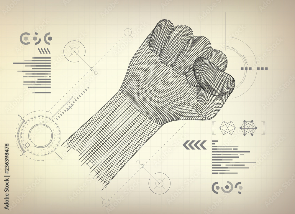 diagram blueprint of wireframe fist, futuristic cyborg hand Stock ...
