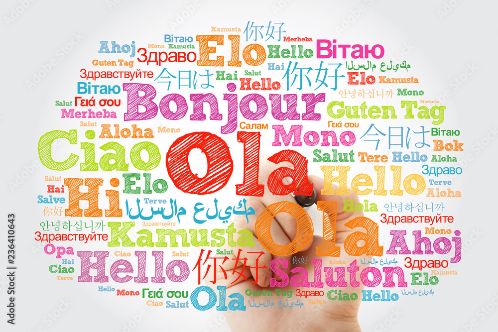 OLA (Hello Greeting in Portuguese) word cloud in different languages of ...
