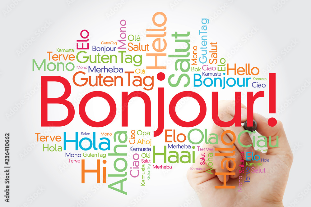 Bonjour (Hello Greeting in French) word cloud in different languages of ...
