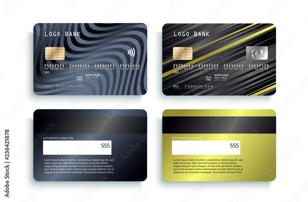 Realistic detailed credit cards set with colorful abstract design ...