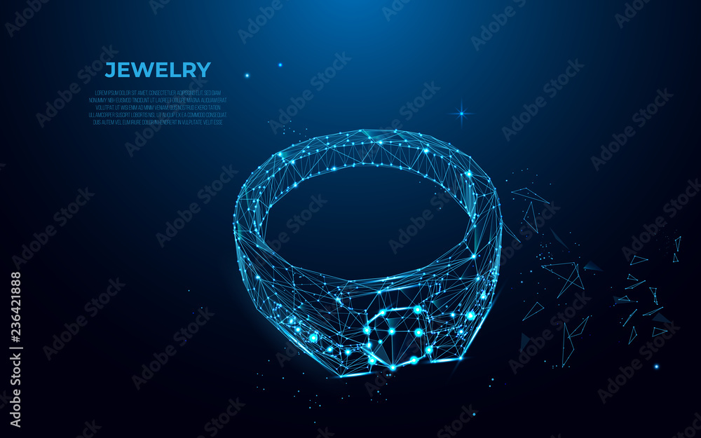 Gold ring with a diamond from particles, lines and triangles on blue ...