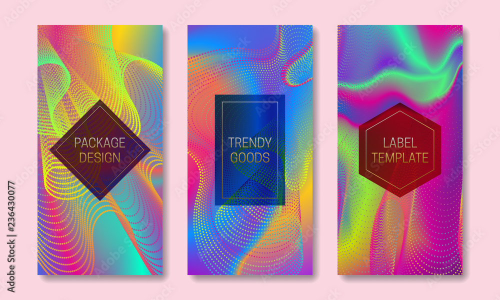 Vibrant packaging design with colorful stream of lines and dots. Set of ...