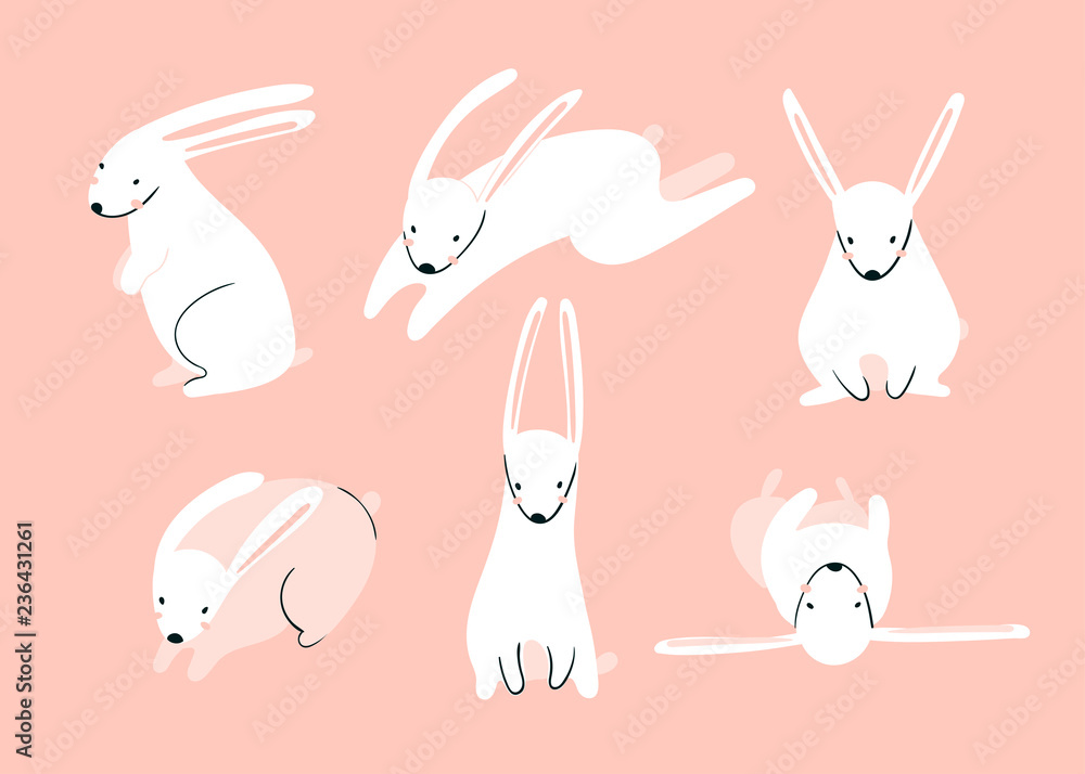 Cute rabbits in various poses. Hand drawn vector set. Colored version ...