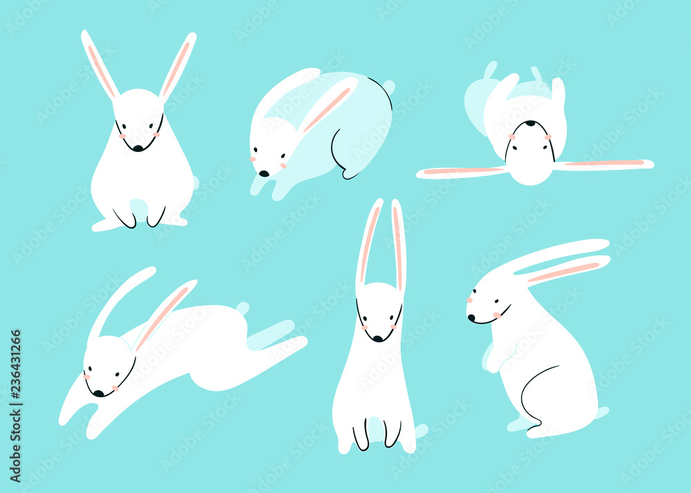 Cute rabbits in various poses. Hand drawn vector set. Colored version ...