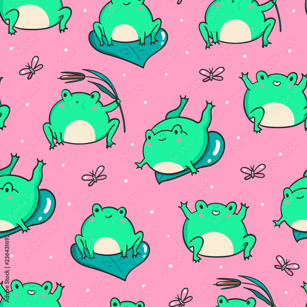 Cute kawaii frogs in various positions. Hand drawn colored vector ...
