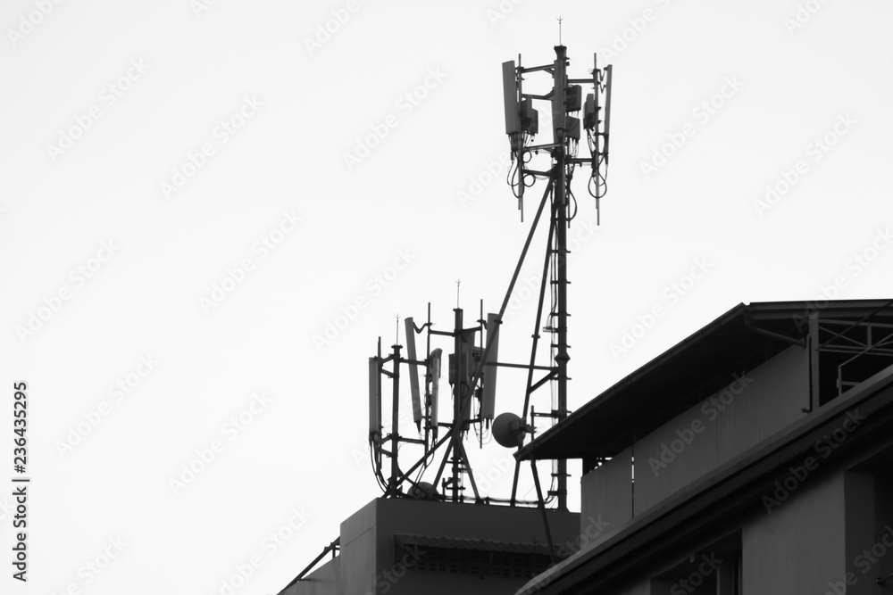 Signal Tower or Mobile telecommunication tower, black and white ...