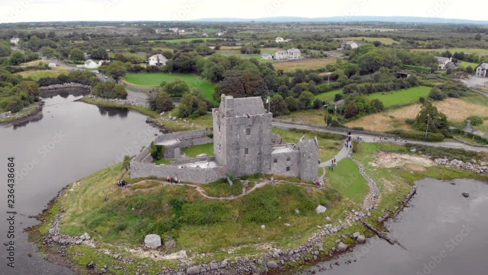 An aerial view of Dunguaire Castle, a 16th-century tower house situated ...