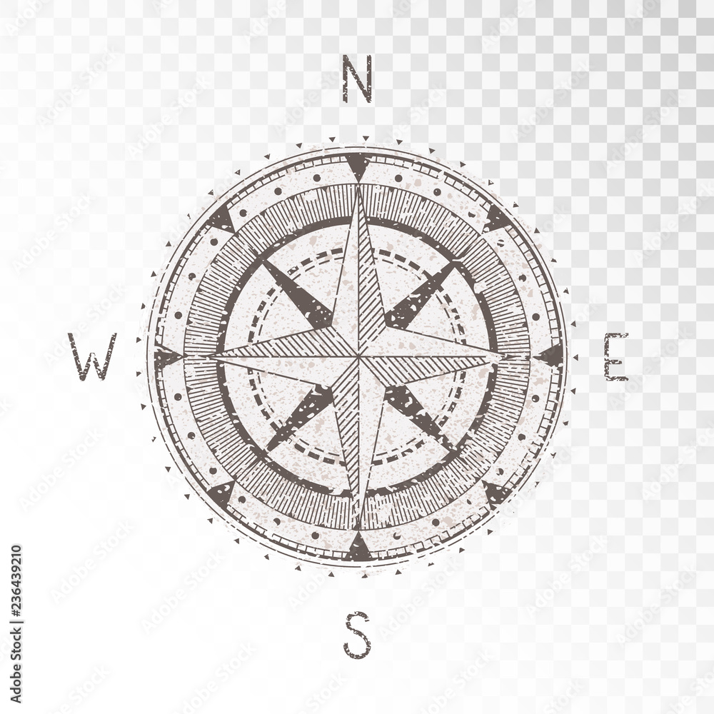 Vector illustration with a vintage textured compass or wind rose and ...