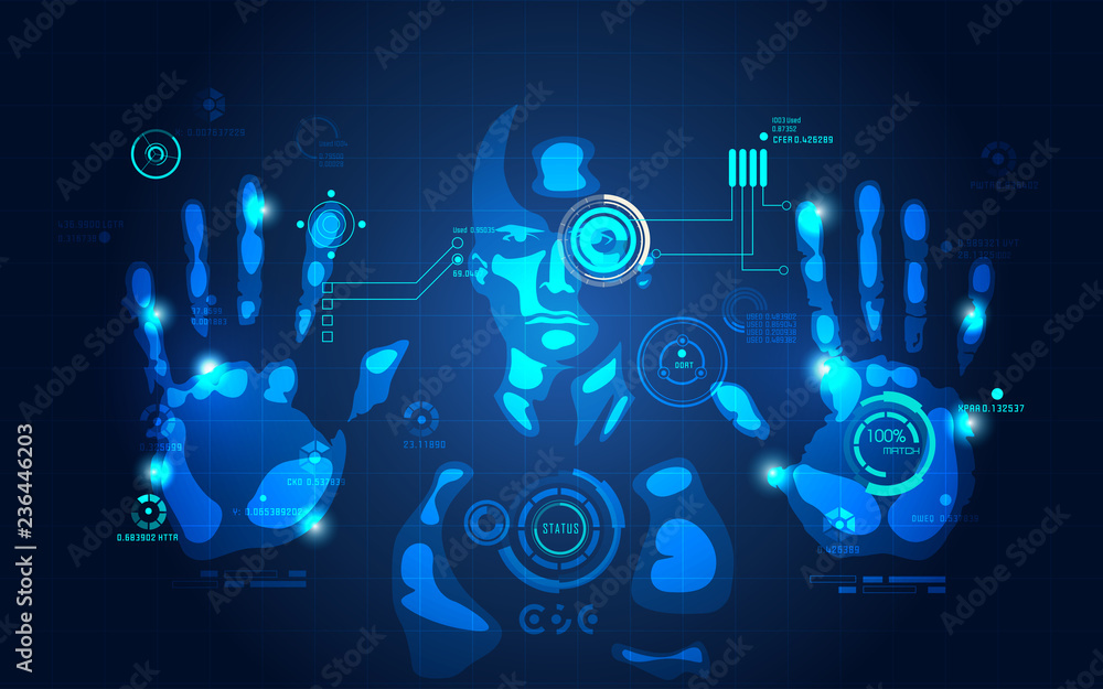 man using futuristic interface, vector of handprint scan Stock Vector ...