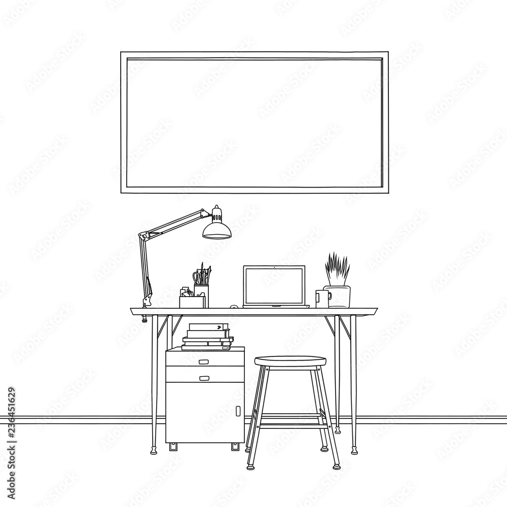 Sketch illustration pen drawing of work desktop with laptop and blank ...
