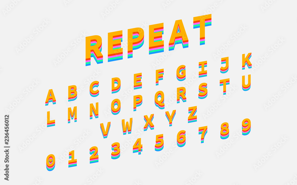 Colorful Repeat Font. Reto bold font. Alphabet in colorful trending ...