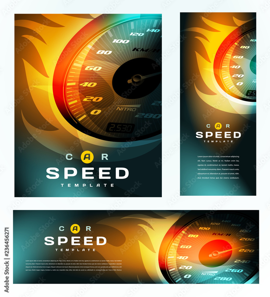 Speed cover design. Car speedometer and flames. Set flyer, banner, roll ...