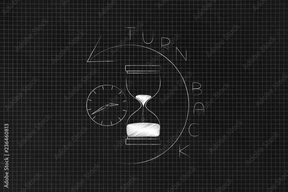 hourglass and clock with reverse arrow and turn back time caption Stock ...