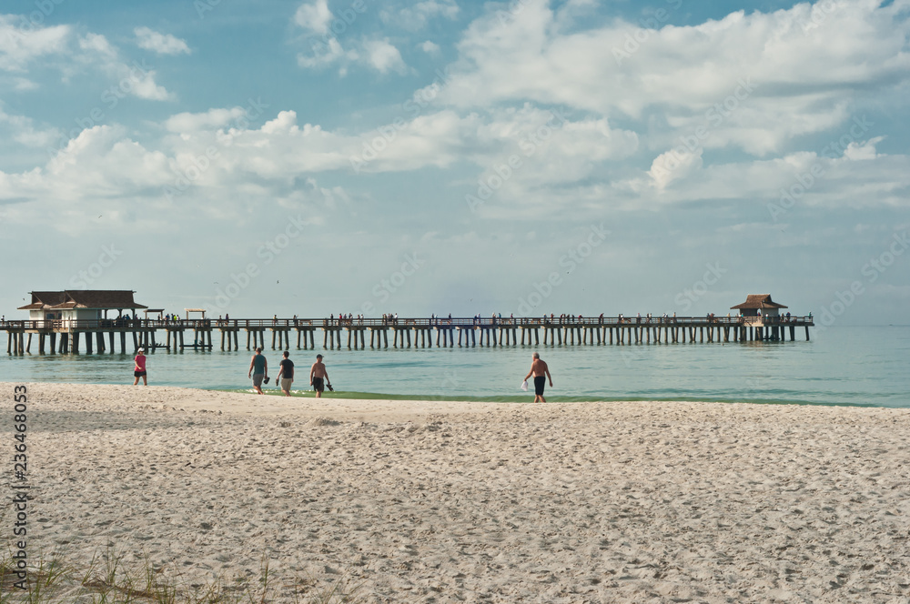 front view, long distance of people walking along a calm shoreline of a ...