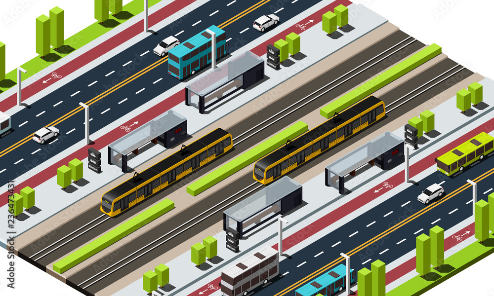 Isometric public transport includes buses, bus stations and tramway ...