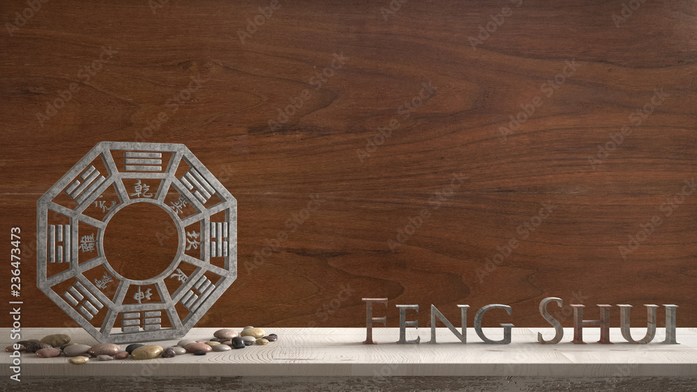 Wooden vintage table shelf with ba gua and 3d letters making the word ...