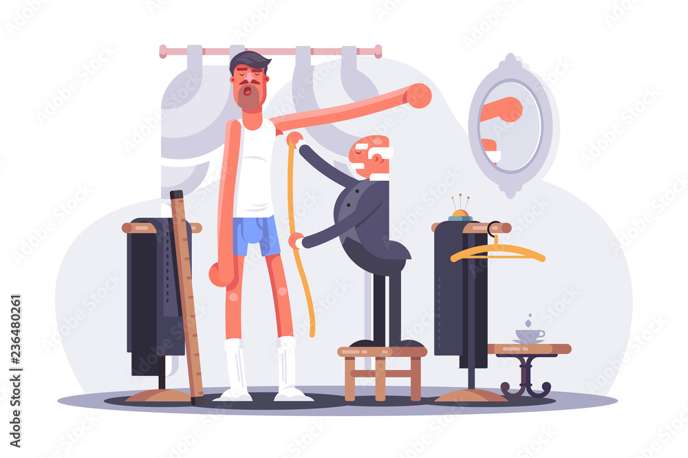 Cartoon tailor taking measures flat poster vector de Stock | Adobe Stock