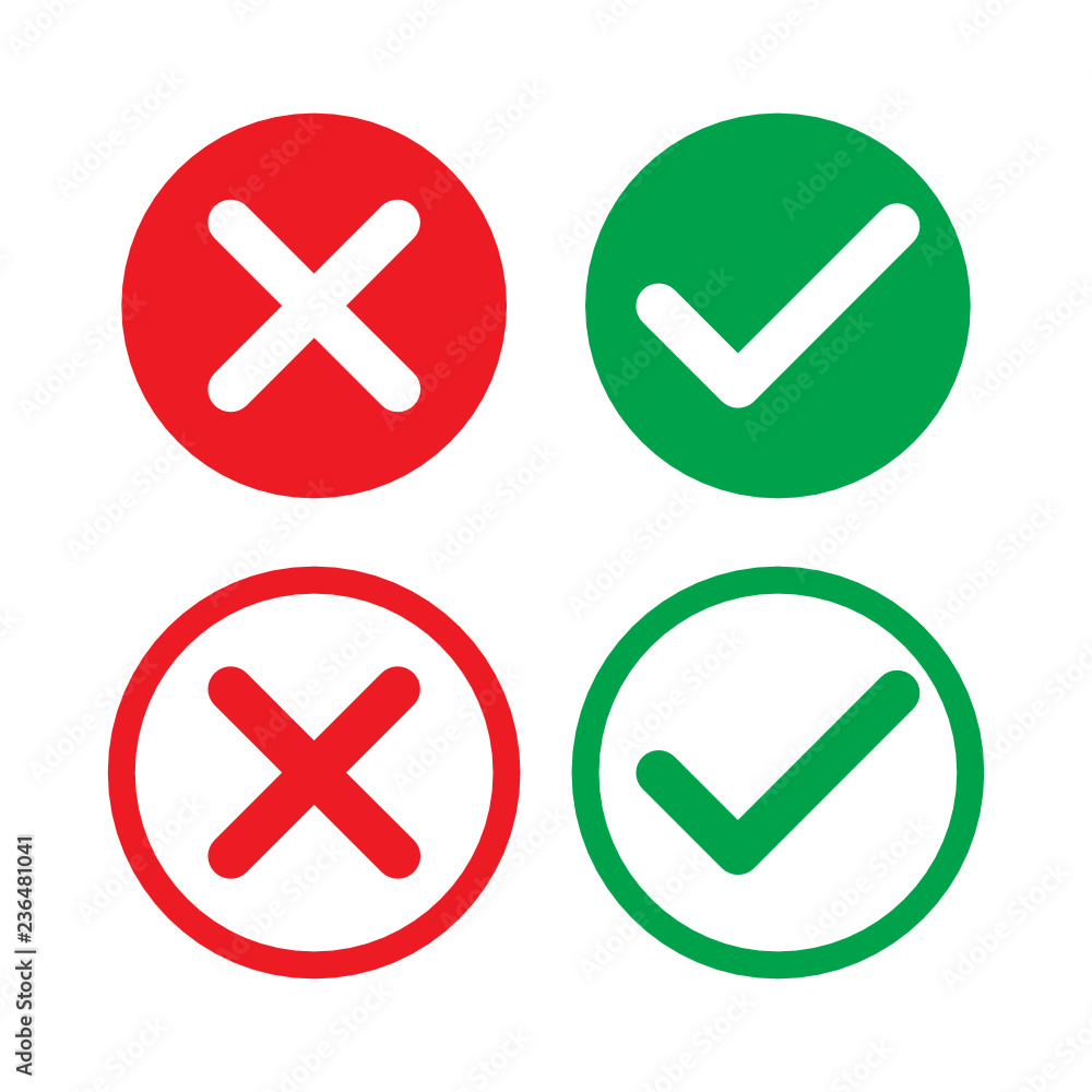 Set of check mark icons. rounded green tick and red cross in circle ...