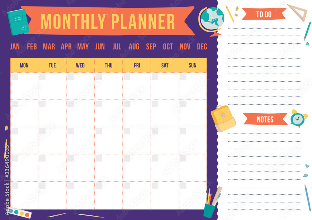 Cute monthly planner with hand drawn school elements. Template with ...