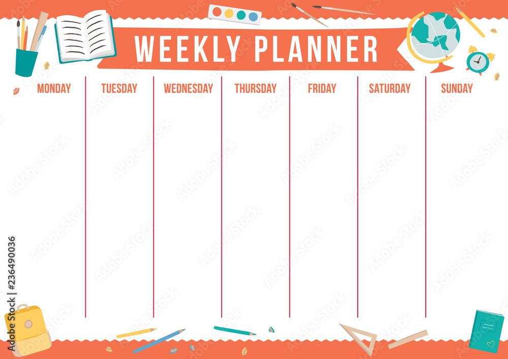 Cute weekly planner with hand drawn school elements. Template with ...