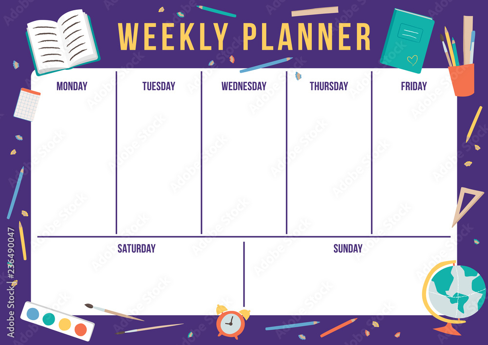 Cute weekly planner with hand drawn school elements. Template with ...