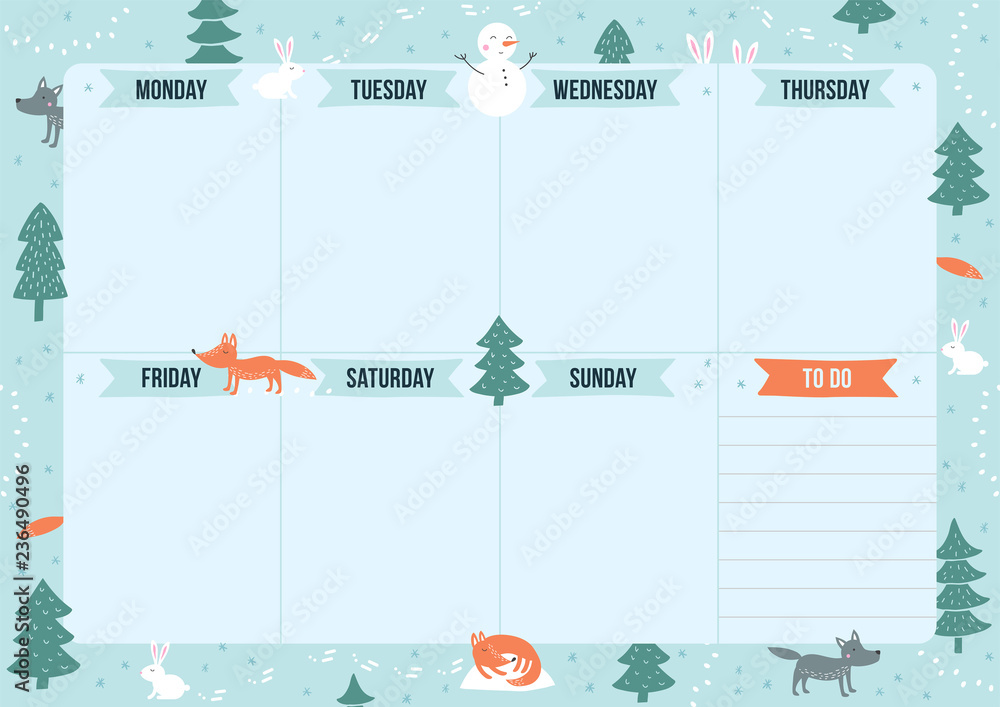 Winter weekly planner with cartoon animals and elements. Template with ...