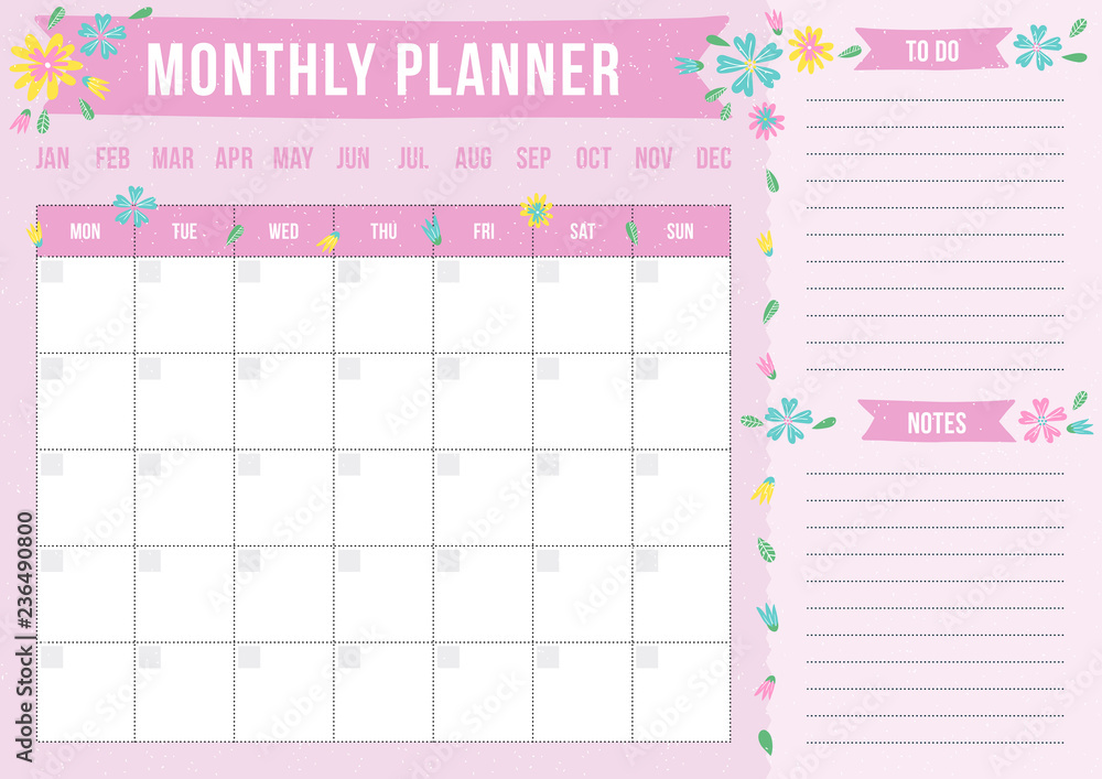 Cute monthly planner with drawn flower. Modern template with place for ...