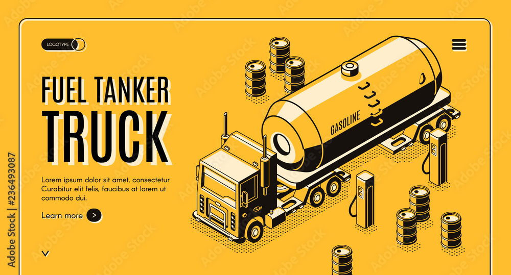 Fuel transportation isometric vector web banner with tanker truck ...