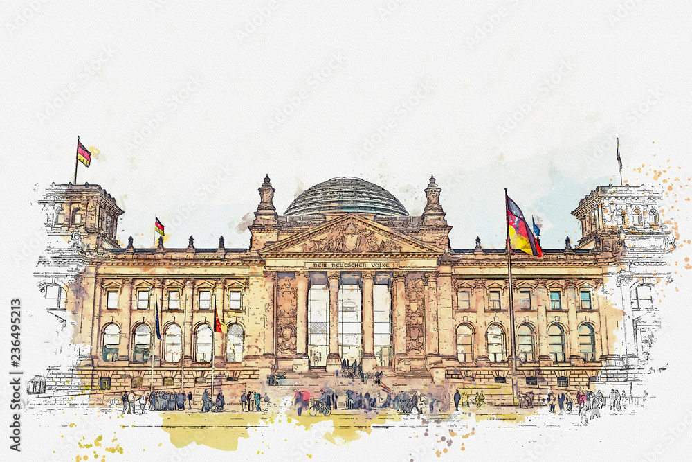 Watercolor sketch or illustration of a beautiful view of the Reichstag ...