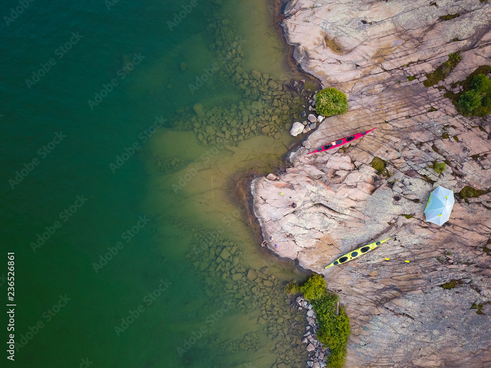 Aerial Photo of Sea Kayak Camping Trip on Remote Wilderness Island with ...