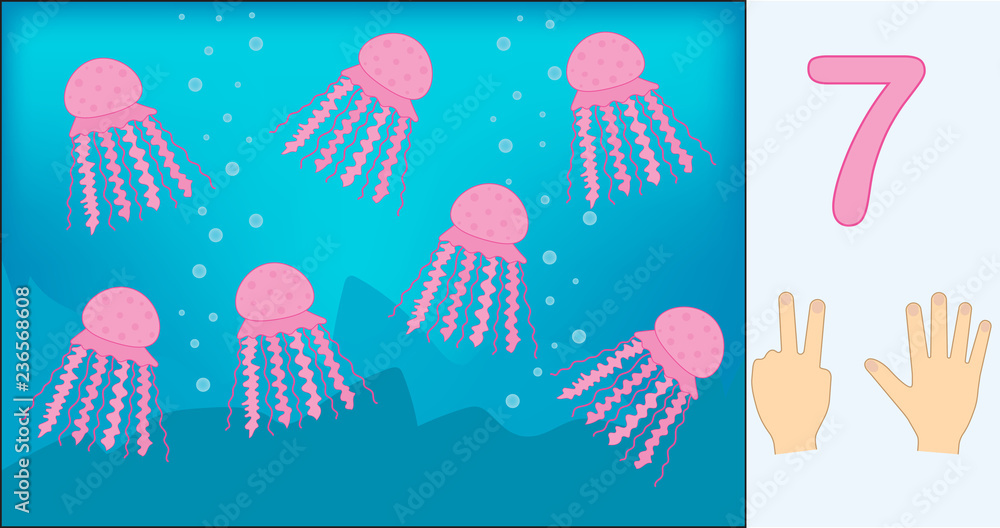 Jellyfishes. Number 7 (seven). Learning counting, mathematics ...