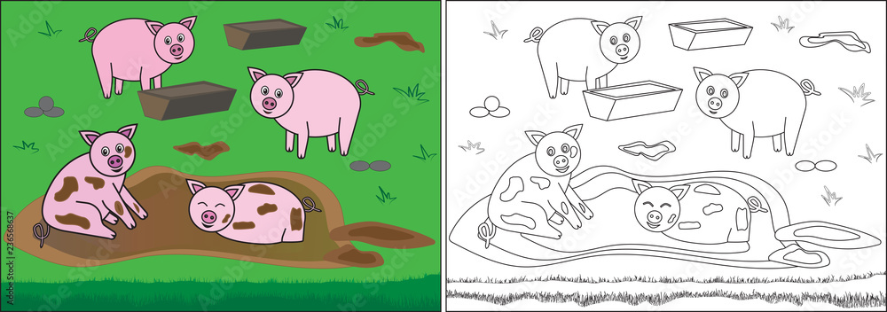 Coloring book for children. Pigs in the mud on farm, cartoon. Vector ...
