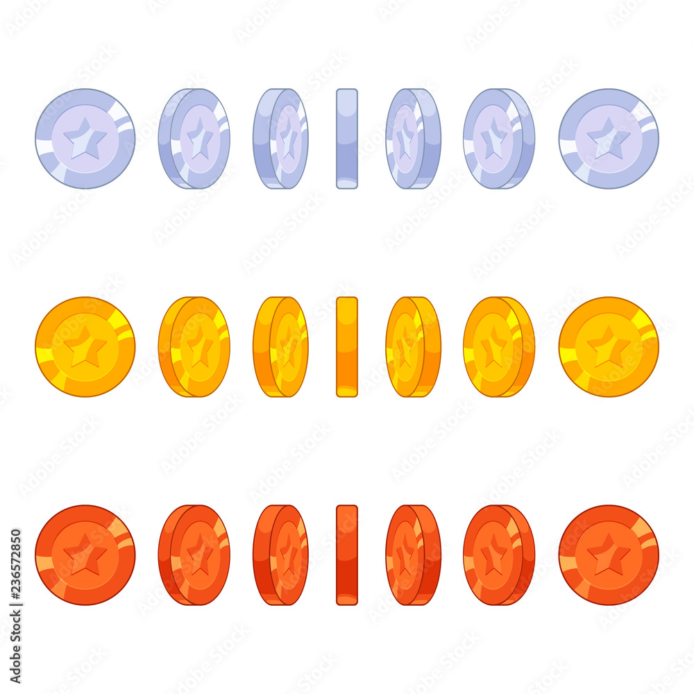 Set of game icons of silver, gold and bronze coins with star isolated ...