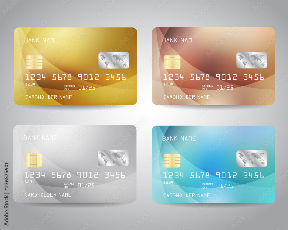 Realistic detailed credit cards set with colorful abstract design ...