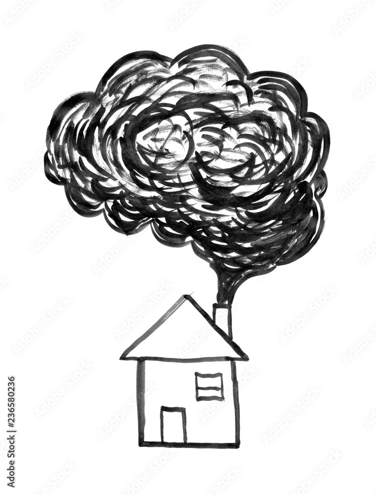 Black brush and ink artistic rough hand drawing of smoke coming from ...