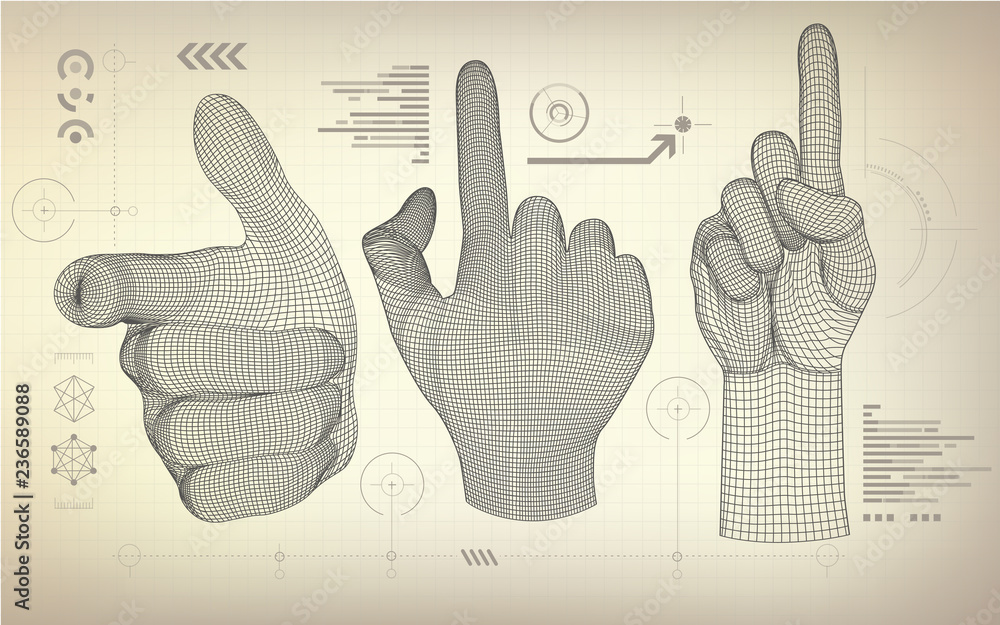 drawing blueprint of wireframe hand; abstract technology background ...