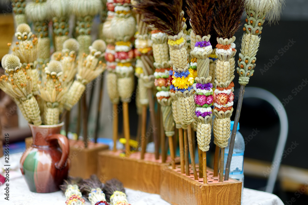Traditional Lithuanian Easter palms known as verbos sold on Easter ...