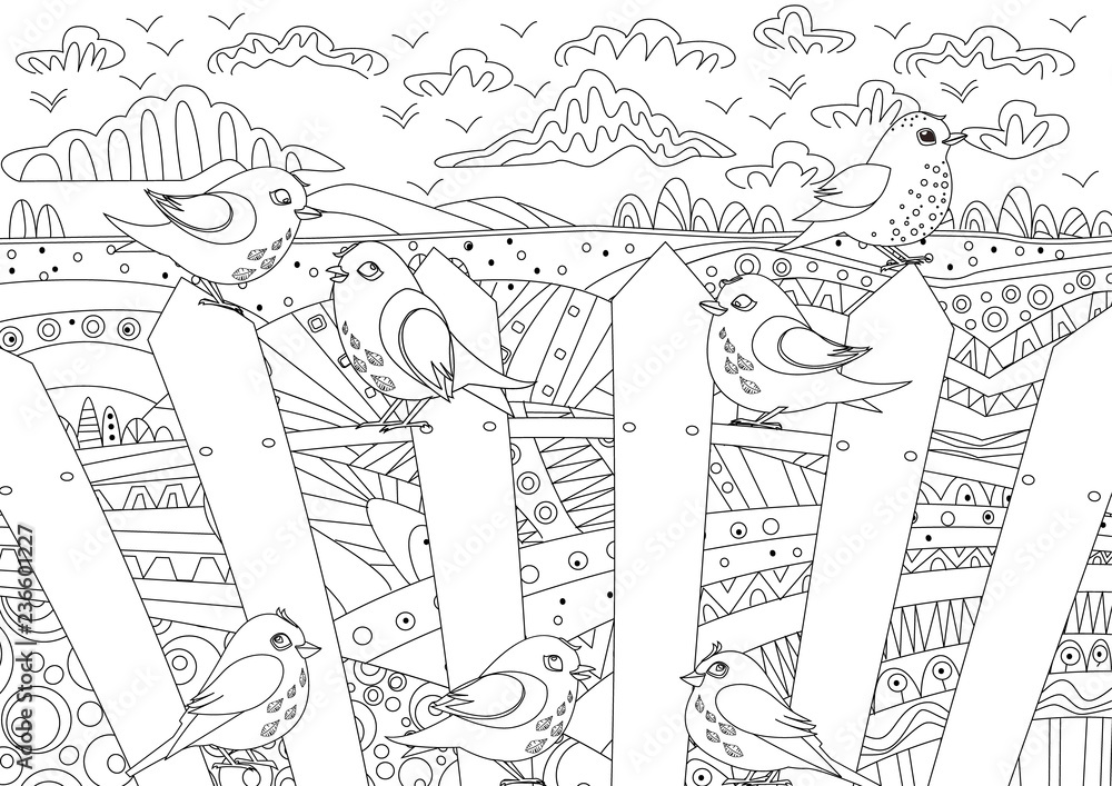 rustic nature scenery with happy birds on fence for your coloring book ...