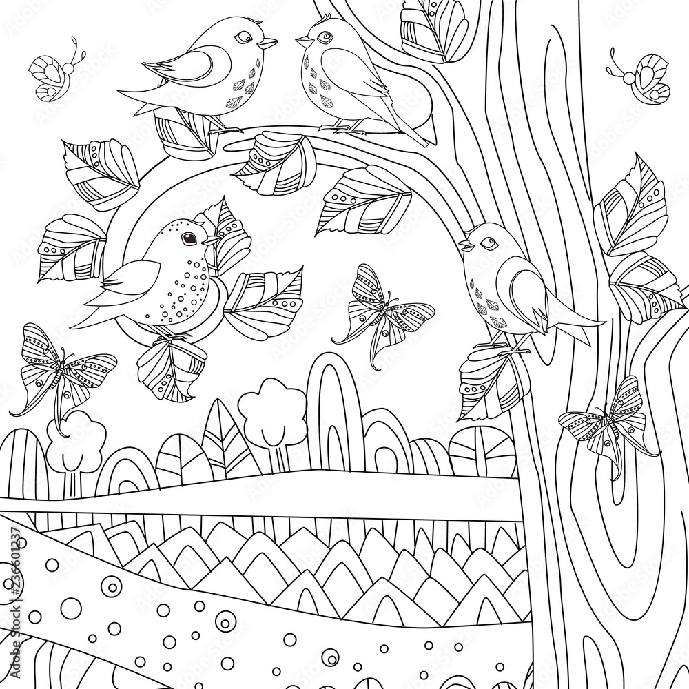 happy summer nature scenery with birds for your coloring book Stock ...