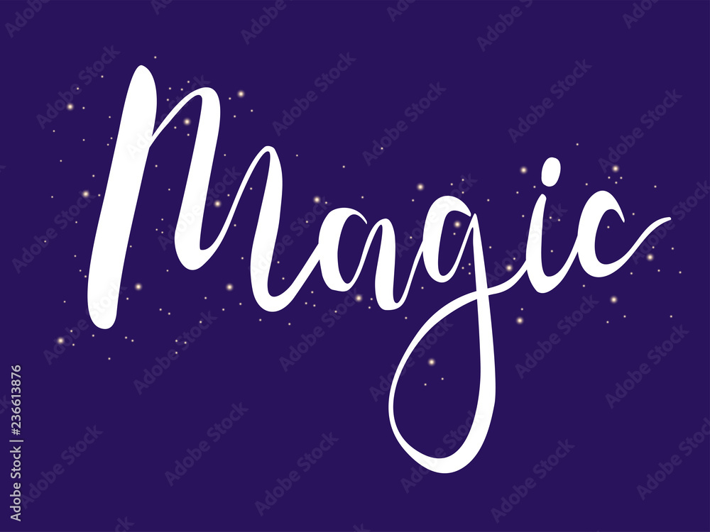 Hand written word MAGIC with golden sparks. Vector illustration Stock ...