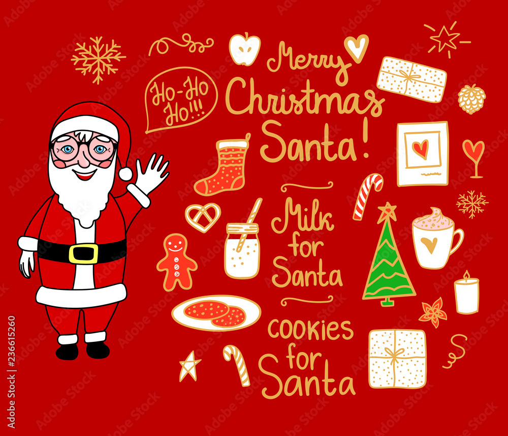 Merry Christmas Set cute mini decor. Vector gold line and red green ...