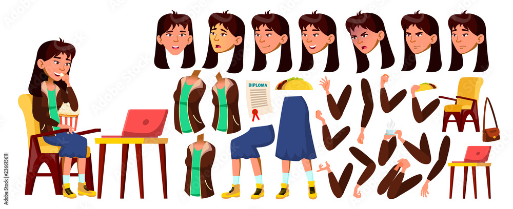 Asian Teen Girl Vector. Animation Creation Set. Face Emotions, Gestures ...