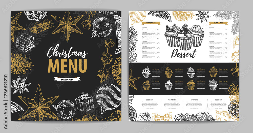 Hand drawing Christmas holiday menu design. Restaurant menu Stock ...
