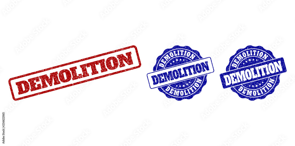 DEMOLITION grunge stamp seals in red and blue colors. Vector DEMOLITION ...