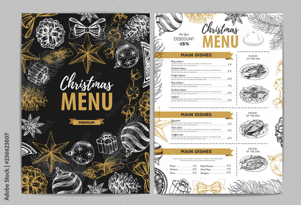 Hand drawing Christmas holiday menu design. Restaurant menu Stock ...