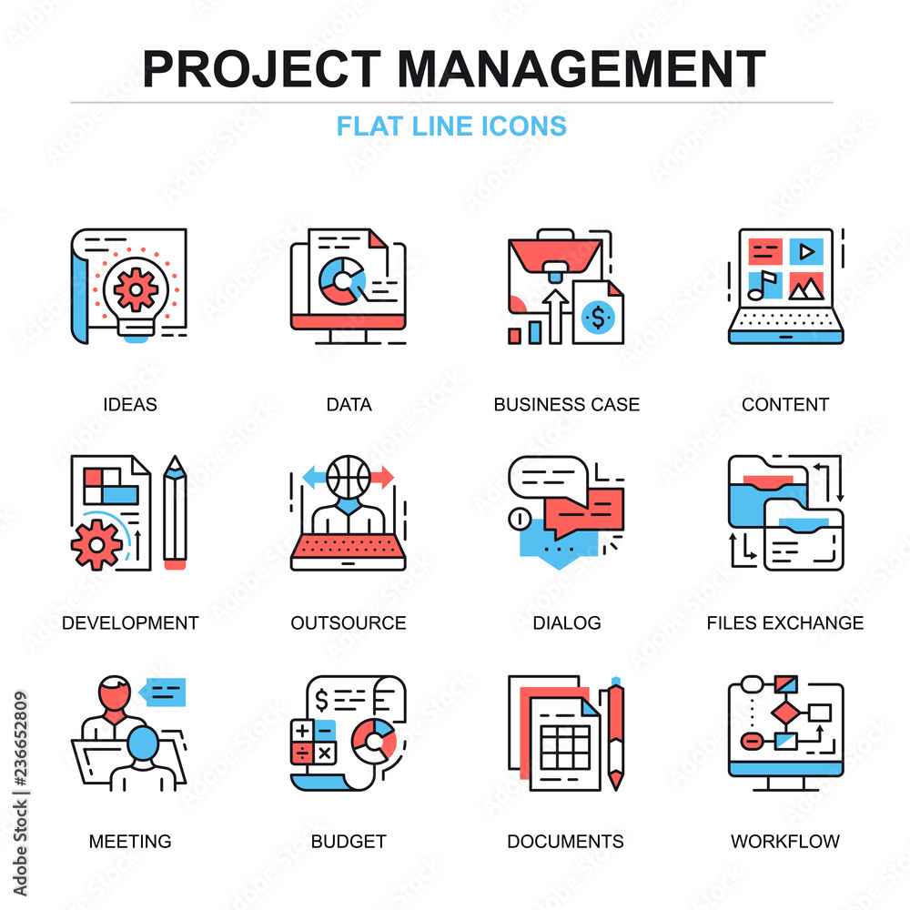 Flat line project management icons concepts set for website and mobile ...