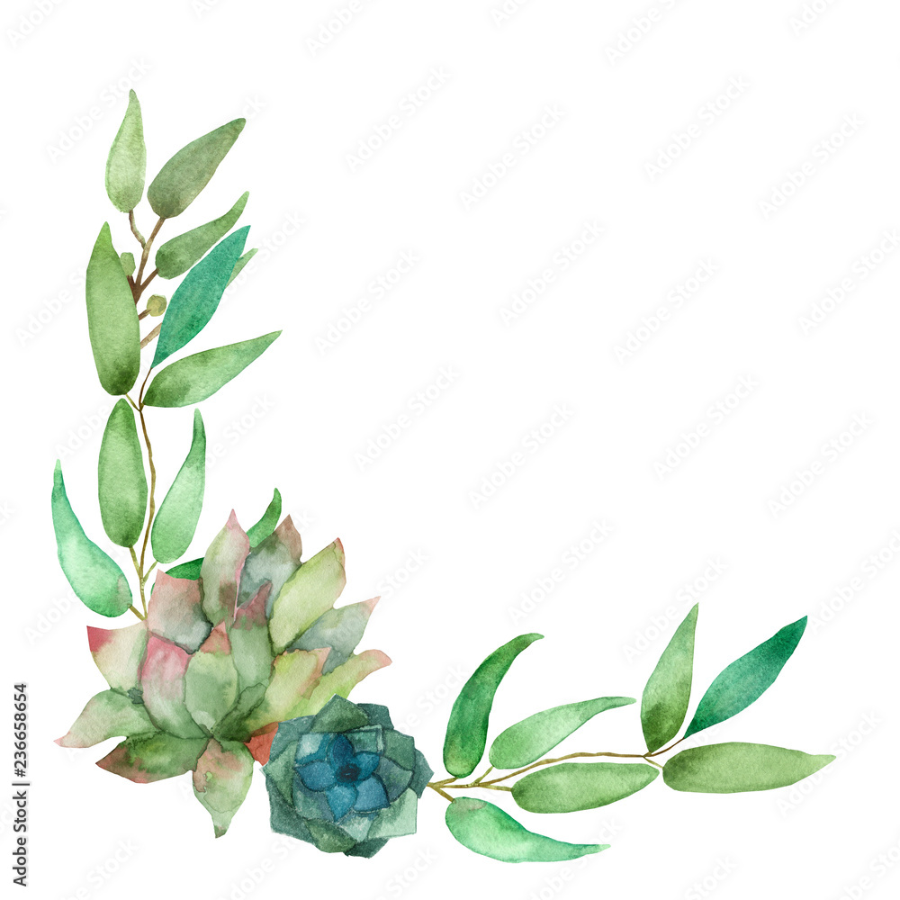 Watercolor card design template with eucalyptus leaves and succulents ...