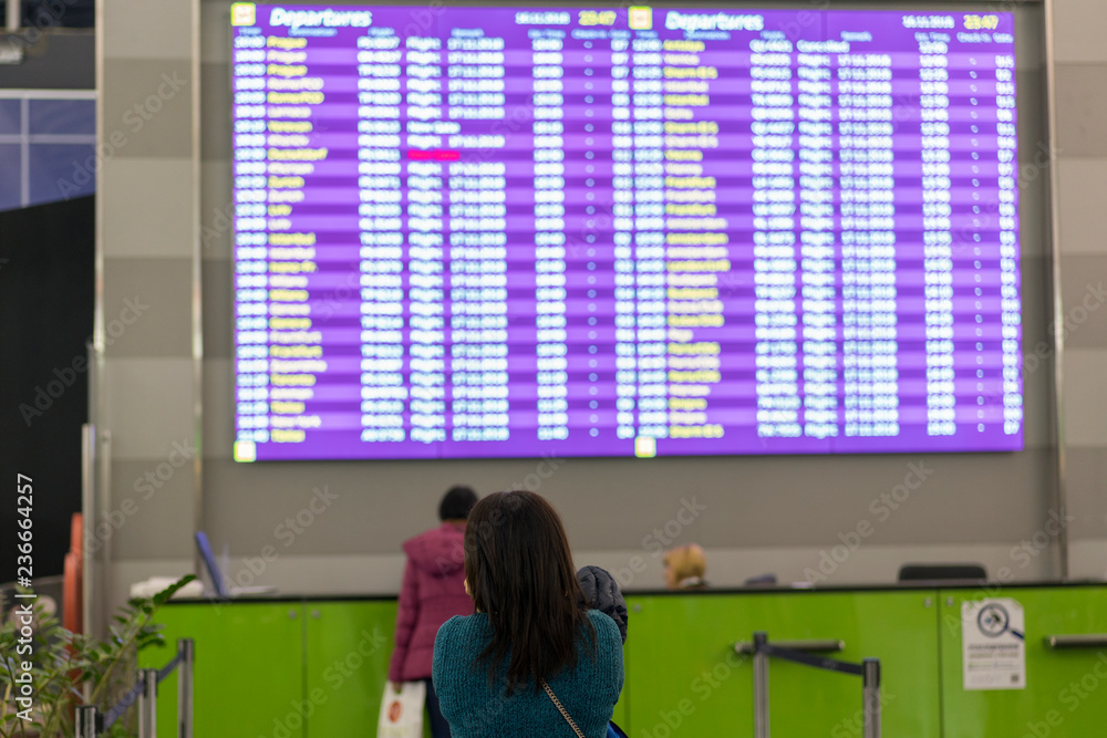 Woman front of an information board. female traveller checking a ...