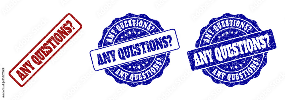 ANY QUESTIONS? grunge stamp seals in red and blue colors. Vector ANY ...