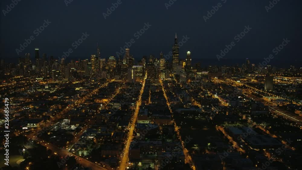 Aerial illuminated view at night of Sears Tower Chicago city Freeway ...